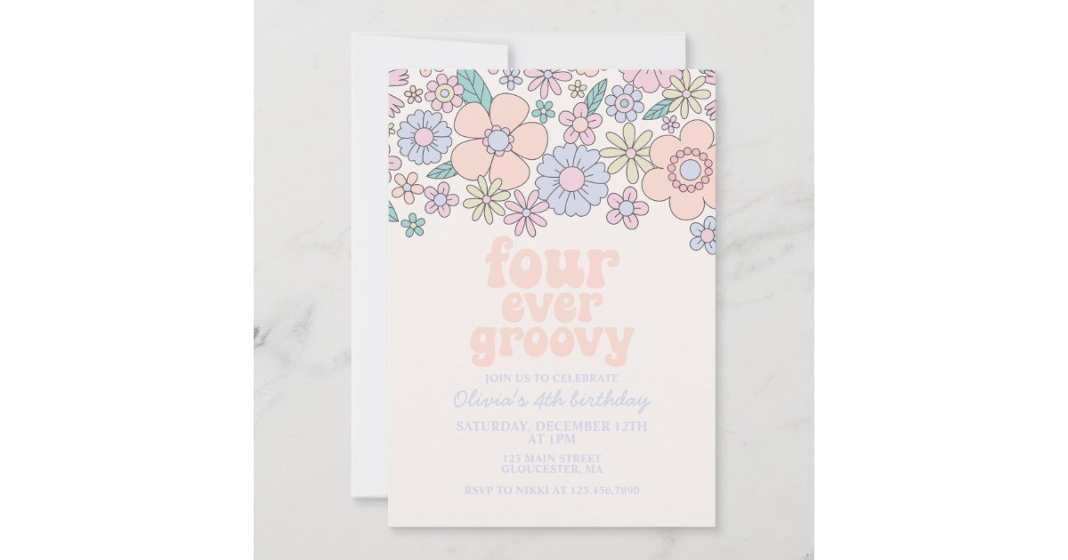 Four Ever Groovy Retro Floral 4th birthday Invitation | Zazzle