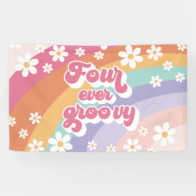 Four Ever Groovy Retro Rainbow 4th Birthday Banner | Zazzle