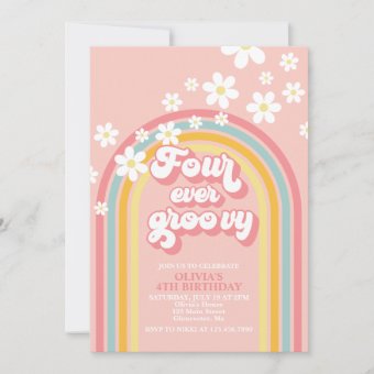 Four Ever Groovy Retro Rainbow 4th Birthday Invitation | Zazzle