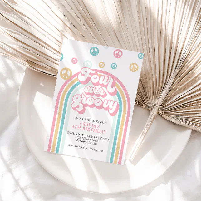 Four Ever Groovy Retro Rainbow 4th Birthday Invitation | Zazzle