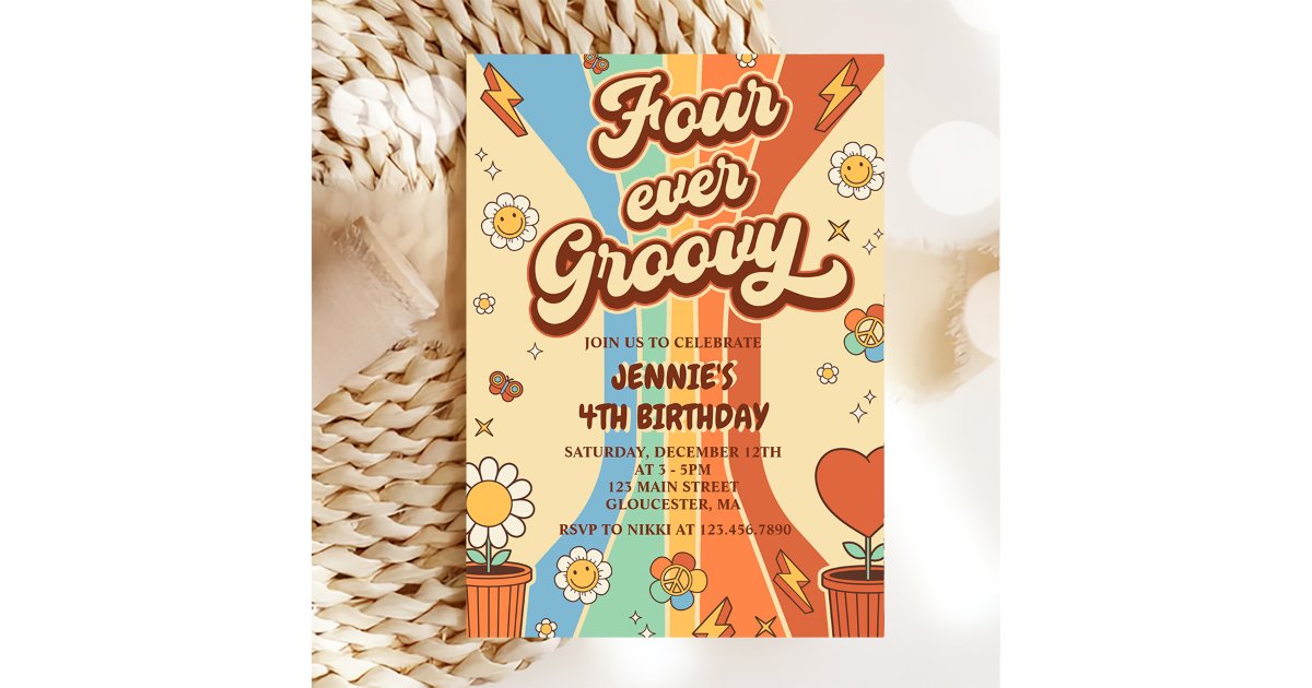Four Ever Groovy Retro Rainbow 4th Birthday Invitation | Zazzle