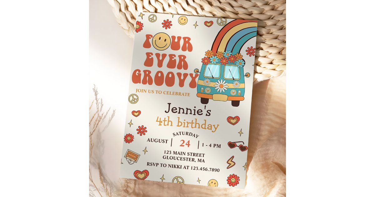 Four Ever Groovy Retro Rainbow 4th Birthday Invitation | Zazzle
