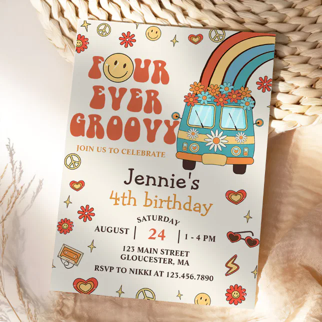 Four Ever Groovy Retro Rainbow 4th Birthday Invitation | Zazzle