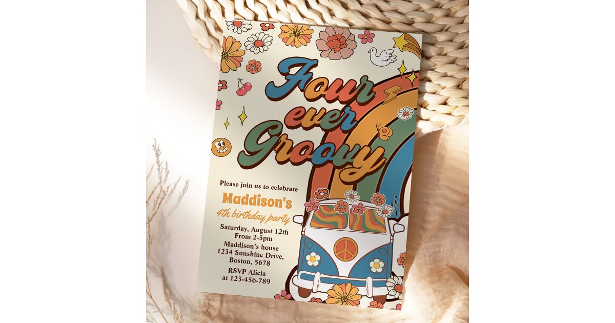 Four Ever Groovy Retro Rainbow 4th Birthday Invitation | Zazzle