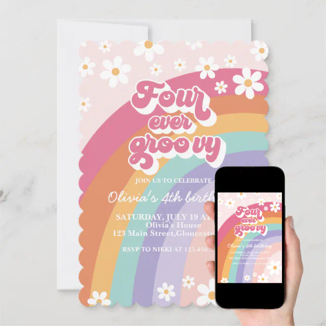 Four Ever Groovy Retro Rainbow 4th Birthday Invitation | Zazzle