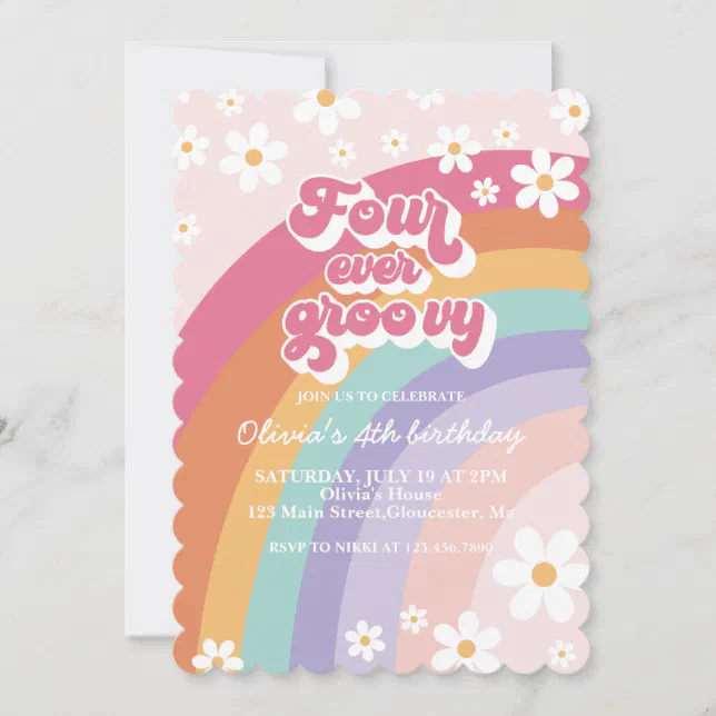 Four Ever Groovy Retro Rainbow 4th Birthday Invitation | Zazzle