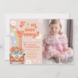 Four Ever Groovy Retro Rainbow 4th Birthday Photo Invitation | Zazzle