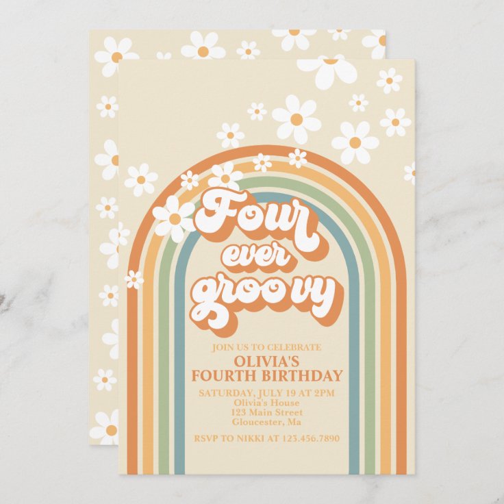 Four Ever Groovy Retro Rainbow Daisy Birthday Invitation | Zazzle