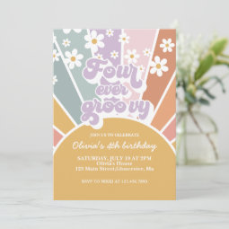 Four Ever Groovy Retro Sunshine Rainbow Daisy Invitation | Zazzle