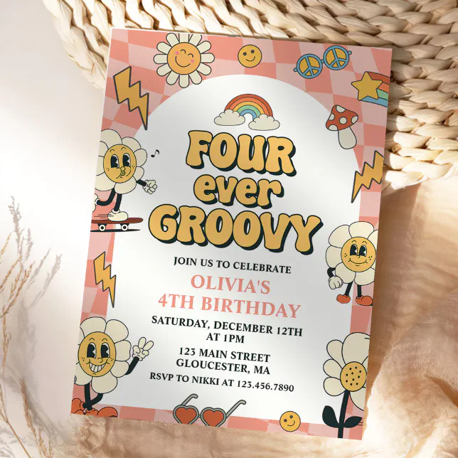 Four Ever Groovy Retro Van Pink 4th Birthday Invitation | Zazzle