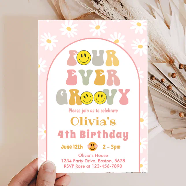 Four Ever Groovy Smile 4th Birthday Invitation | Zazzle