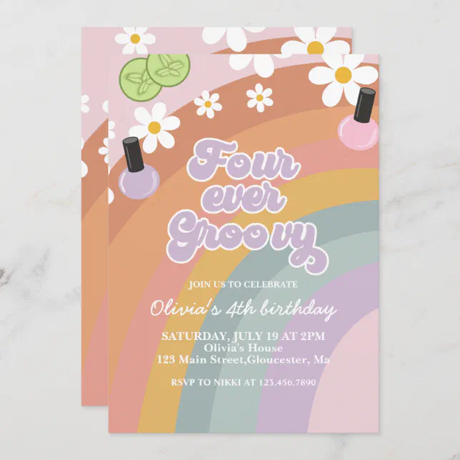 Four Ever Groovy Spa Rainbow 4th Birthday Invitation | Zazzle
