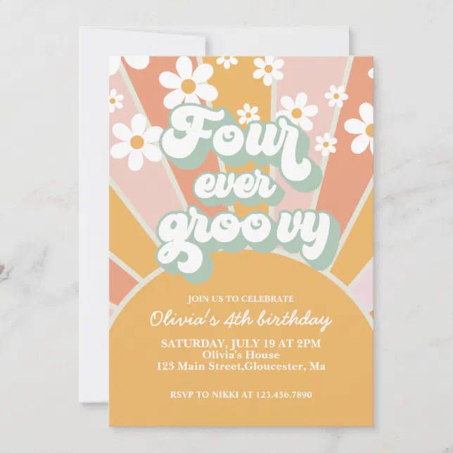 Four ever Groovy Sunshine daisy birthday Invitation | Zazzle