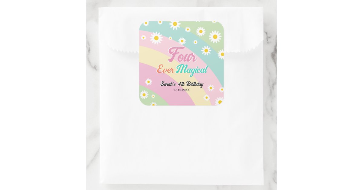 Four Ever Magical Fourth Birthday Daisy Square Sticker | Zazzle