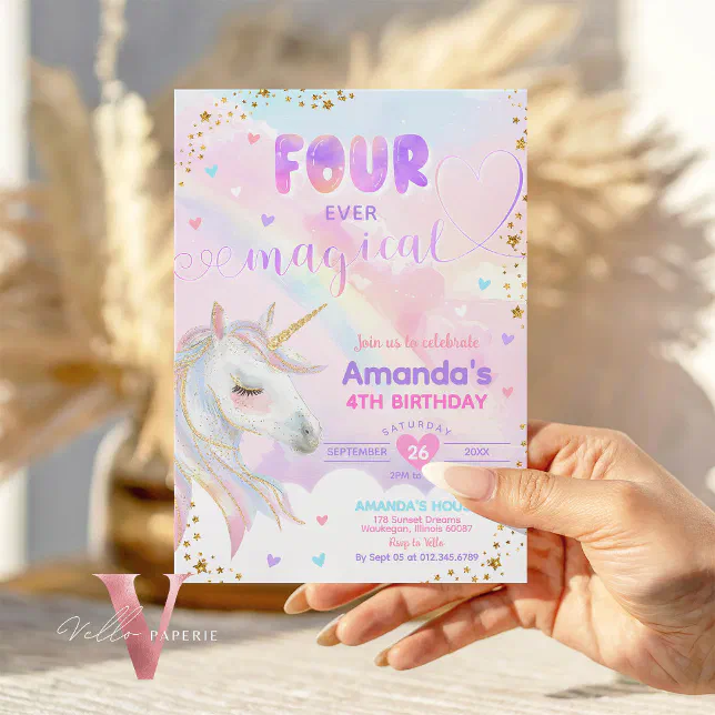 FOUR ever Magical Rainbow Unicorn Gold Birthday Invitation | Zazzle