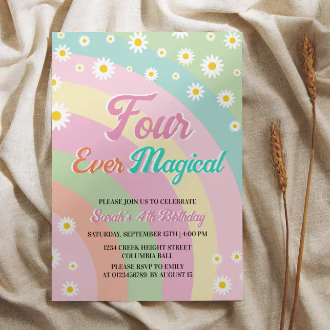 Four Ever Magical Retro Unicorn Rainbow Invitation | Zazzle
