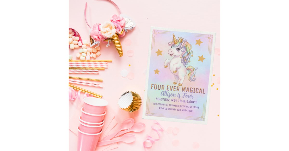 Four Ever Magical, Unicorn 4th Birthday Invitation | Zazzle