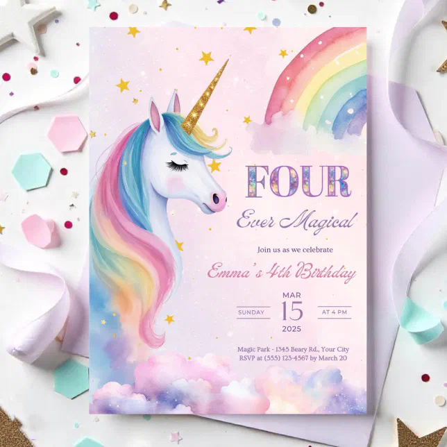 Four Ever Magical Unicorn 4th Birthday Invitation | Zazzle