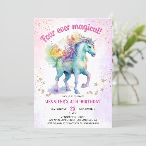 Four Ever Magical | Unicorn Glitter 4th Birthday Invitation | Zazzle