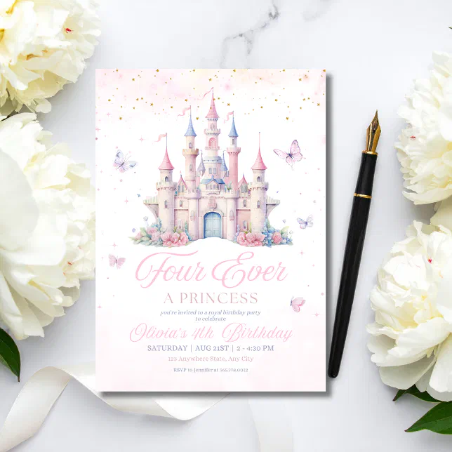 Four Ever Princess Birthday Fairytale Castle Girls Invitation | Zazzle