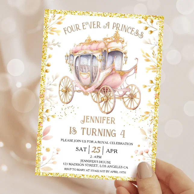 Four Ever Princess Carriage Princess 4th Birthday Invitation | Zazzle