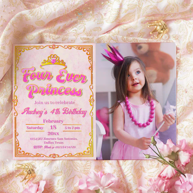 Four Ever Princess - Girl 4th Birthday Invitation | Zazzle