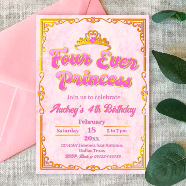 Four Ever Princess - Girl 4th Birthday Invitation | Zazzle