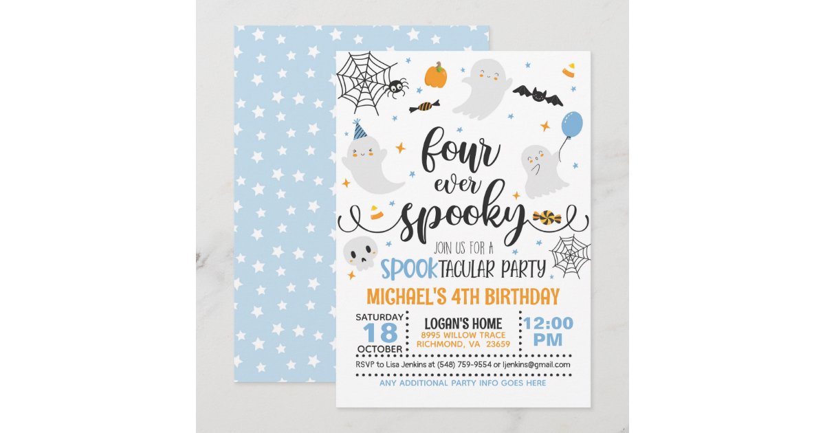 Four Ever Spooky Birthday Invitation - Blue/Wh | Zazzle