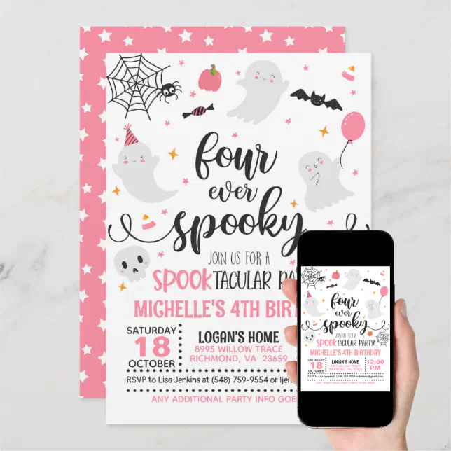 Four Ever Spooky Birthday Invitation - Girl (Wh/P) | Zazzle