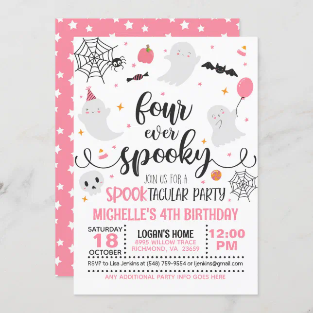 Four Ever Spooky Birthday Invitation - Girl (Wh/P) | Zazzle