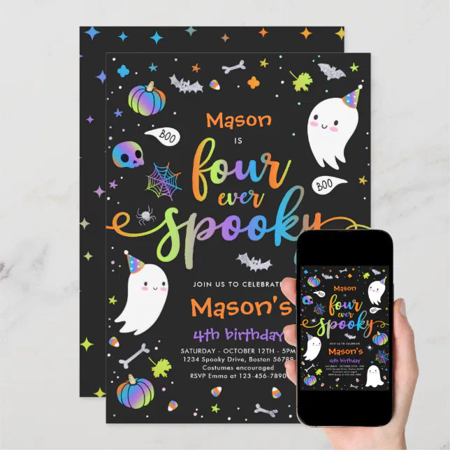 Four Ever Spooky Cute Halloween Ghost 4th Birthday Invitation | Zazzle