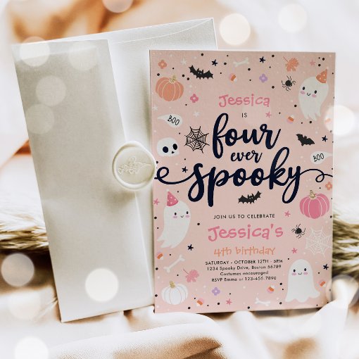 Four Ever Spooky Cute Halloween Ghost 4th Birthday Invitation | Zazzle