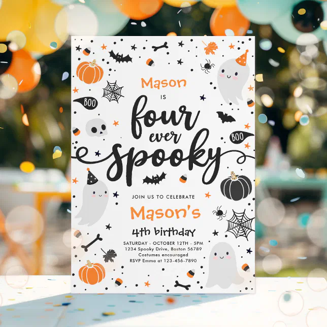 Four Ever Spooky Cute Halloween Ghost 4th Birthday Invitation | Zazzle