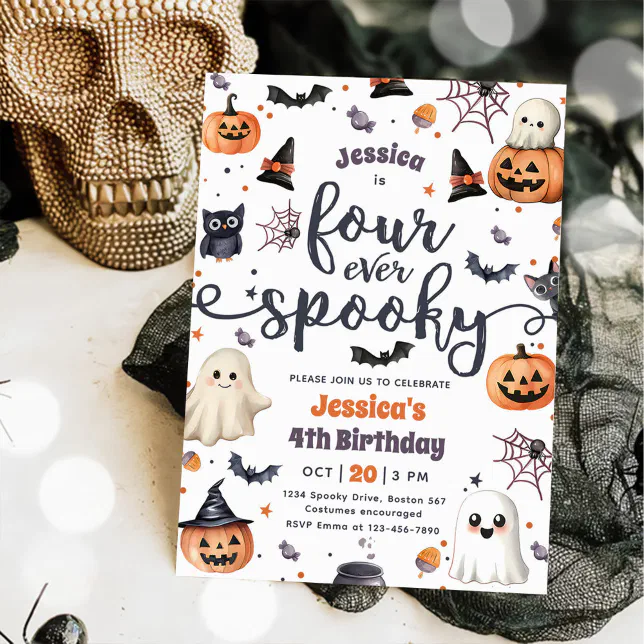 Four Ever Spooky Cute Halloween Ghost 4th Birthday Invitation | Zazzle