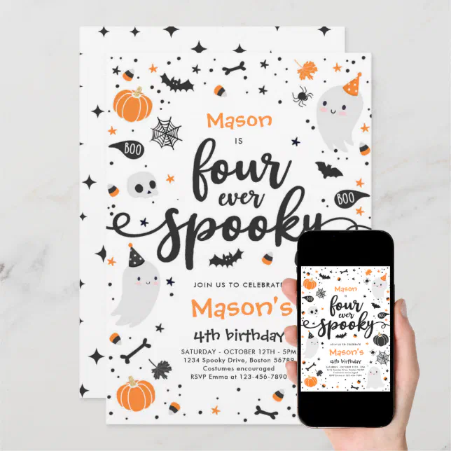 Four Ever Spooky Cute Halloween Ghost 4th Birthday Invitation | Zazzle