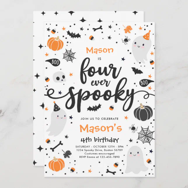 Four Ever Spooky Cute Halloween Ghost 4th Birthday Invitation | Zazzle