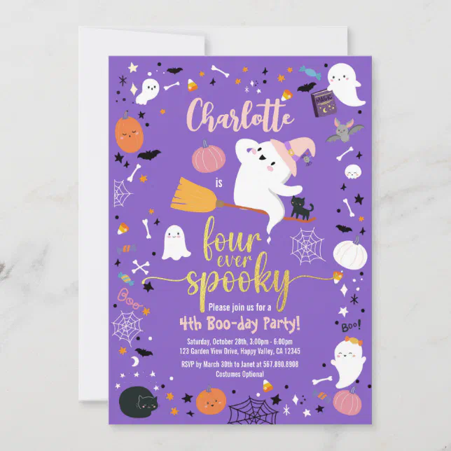 Four ever Spooky Girl 4th Birthday Halloween Party | Zazzle