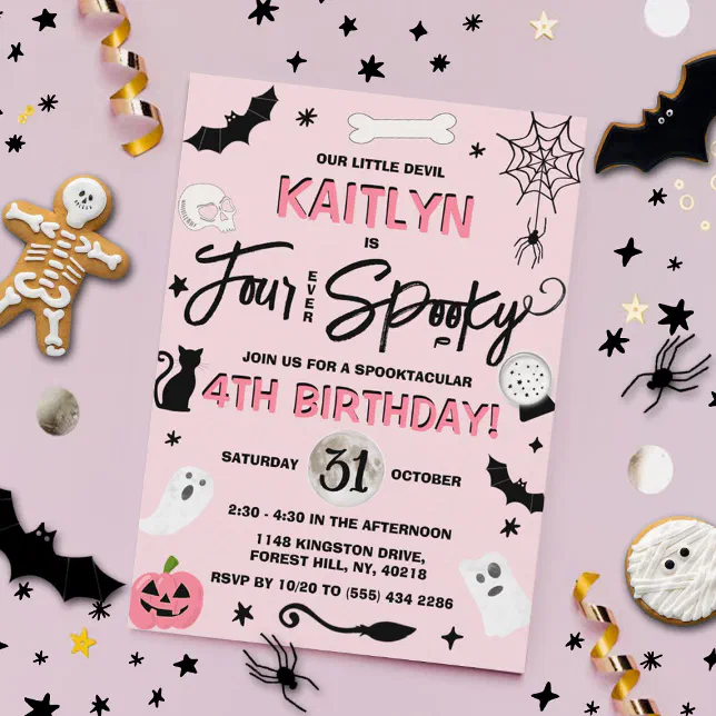 Four Ever Spooky! Girls Halloween 4th Birthday Invitation | Zazzle