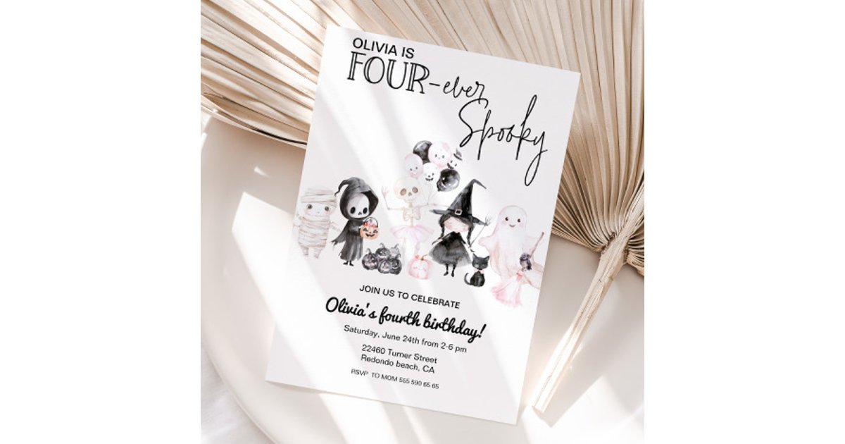 Four Ever spooky pink girl halloween 4th birthday Invitation | Zazzle