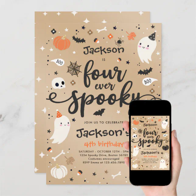 Four Ever Spooky Vintage Halloween Ghost Birthday Invitation | Zazzle