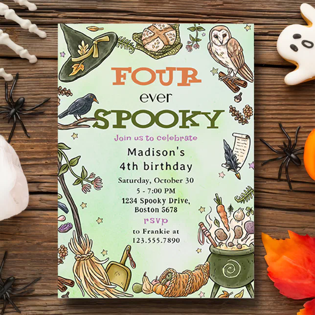 Four Ever Spooky Witch Halloween 4th Birthday Invitation | Zazzle