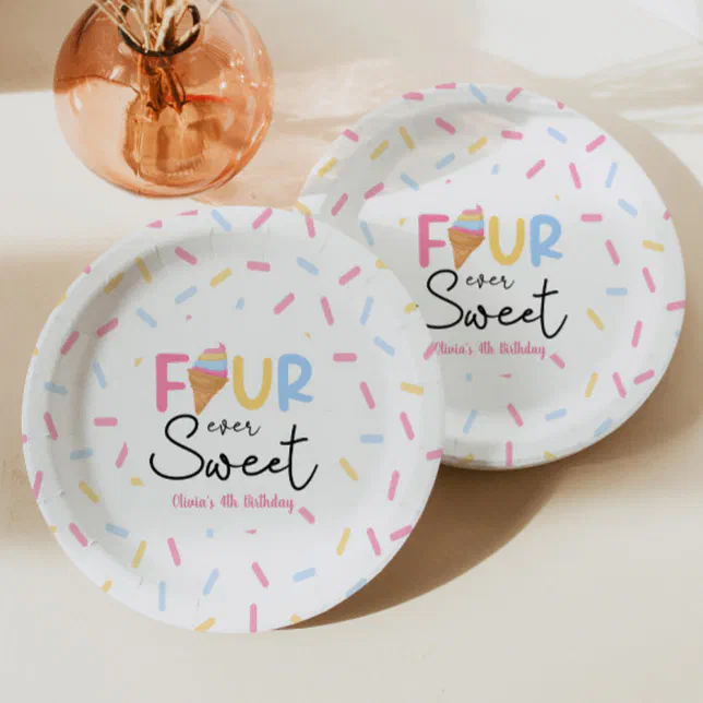 Four Ever Sweet Ice Cream 4th Birthday Party Paper Plates | Zazzle