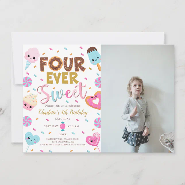 Four Ever Sweet Photo Birthday Donut 4th Birthday Invitation | Zazzle