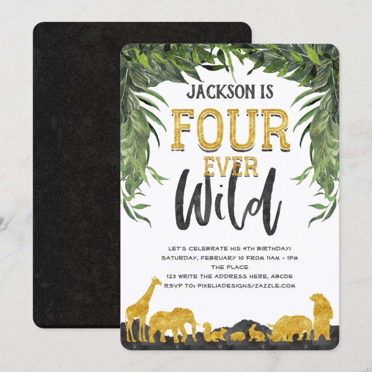 Four ever wild, Jungle safari animal, 4th birthday Invitation | Zazzle