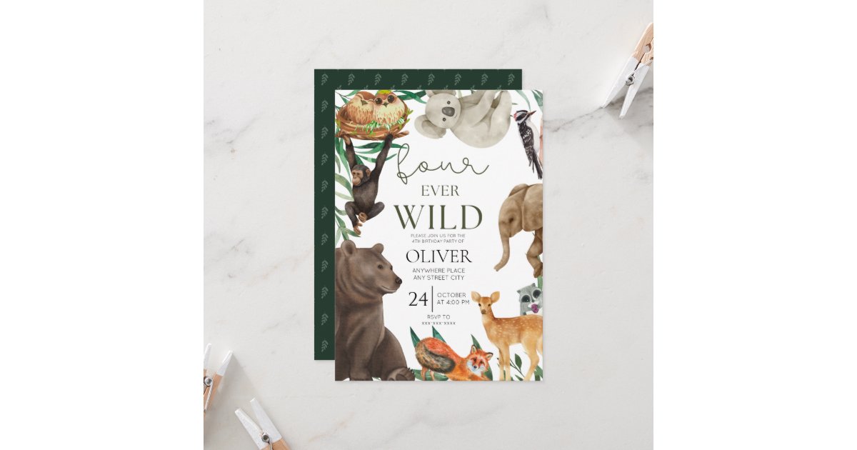 Four ever wild safari 4th birthday invitation | Zazzle