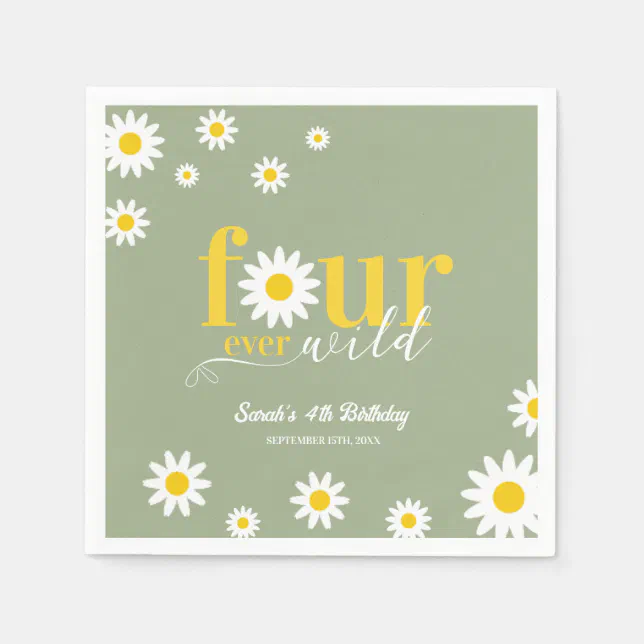 Four Ever Wild Sage Green Fourth Birthday Napkins | Zazzle