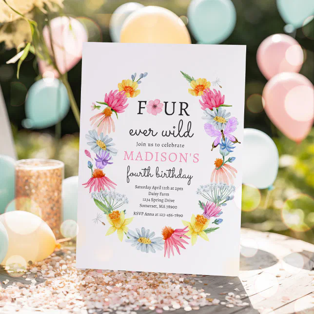 Four Ever Wild Spring Wildflower 4th Birthday Invitation | Zazzle