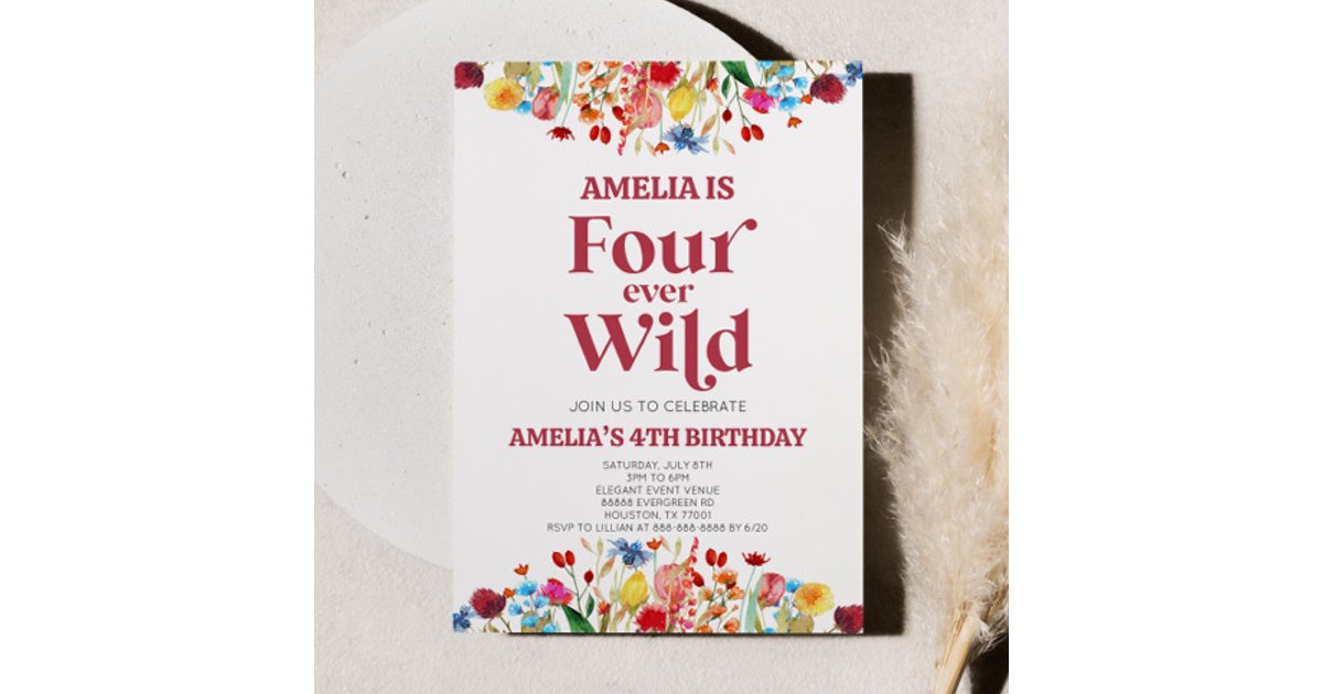 Four Ever Wild Wildflower 4th Birthday Party Invitation | Zazzle
