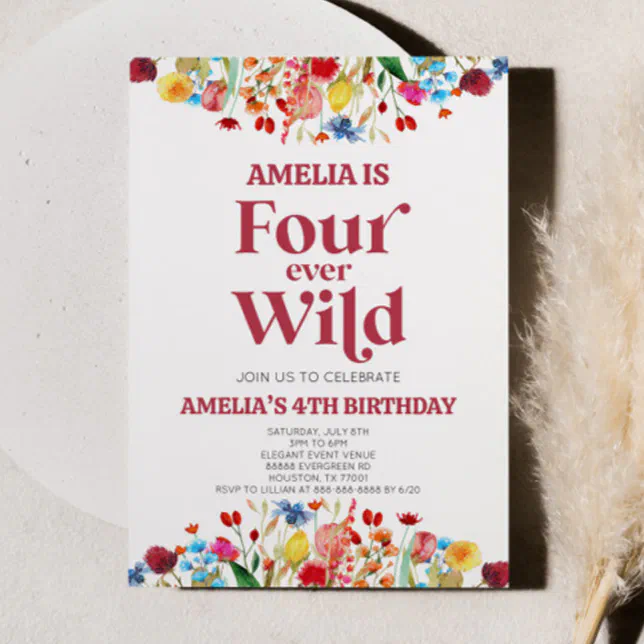 Four Ever Wild Wildflower 4th Birthday Party Invitation | Zazzle