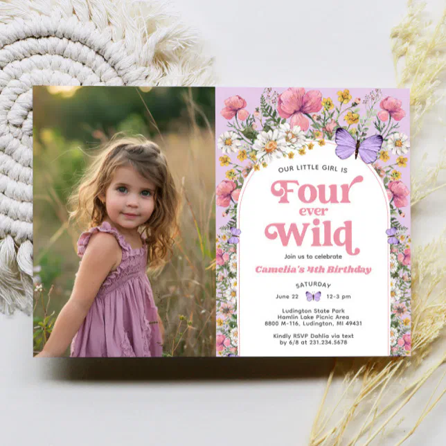 Four Ever Wild Wildflower 4th Birthday Photo Invitation | Zazzle